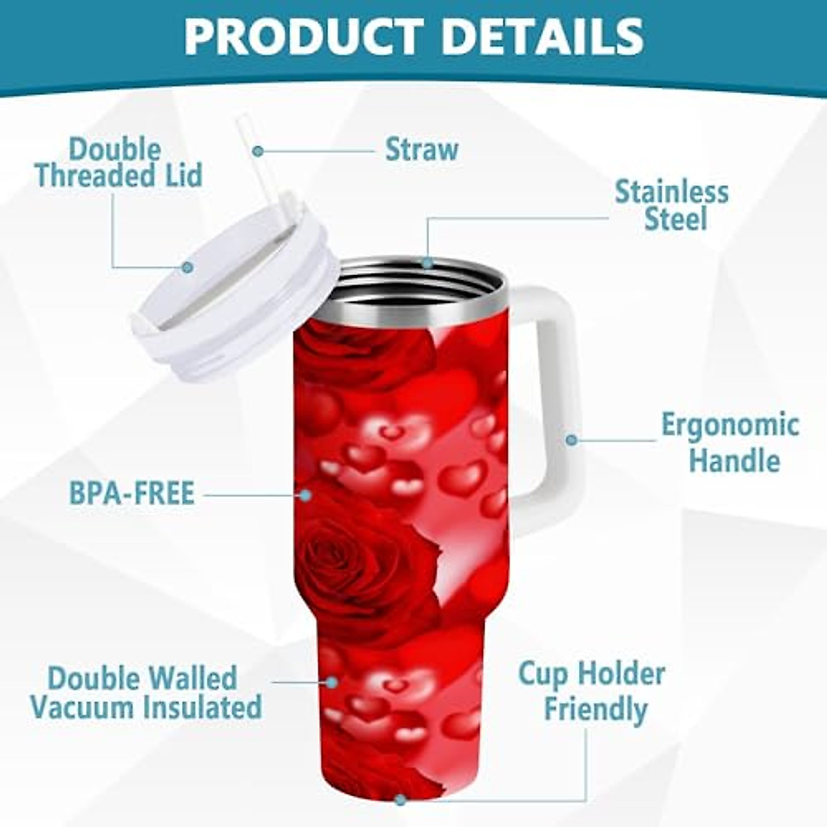 RPLIFE Roses Red 40oz Tumbler with Handle, Stainless Steel Tumbler with Straw, Coffee Tumbler