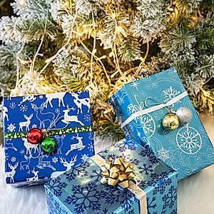 MAYPLUSS Christmas Wrapping Paper Roll - Mini Roll - 17 inch X 120 inch Per roll - 3 Different Blue Design with Glitter Metallic Foil Shine (42.3 sq.ft.ttl)