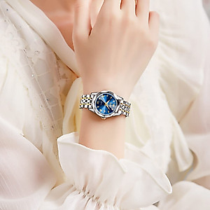OLEVS Womens Watch Fashion Dress Diamond Female Watches for Ladies Analog Quartz Stainless Steel Waterproof Luminous Day Date Blue Silver Two Tone Wristwatch