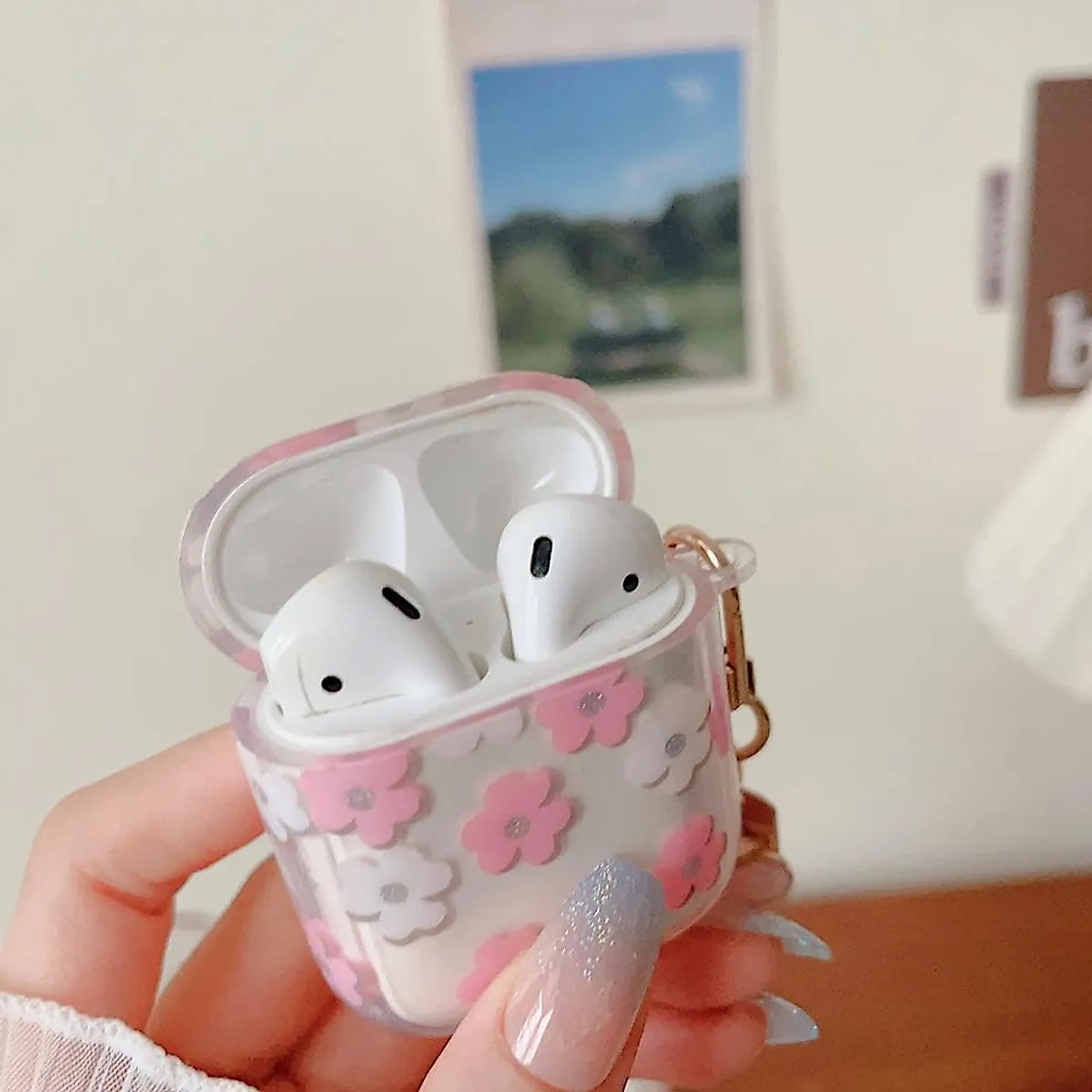 MINSCOSE Compatible with AirPods 1/2 Clear Case,Cute Cartoon Flower Pattern Design with Floral Keychain, Soft TPU Protective Shockproof Case for AirPod 1&2 for Girls Women-Pink