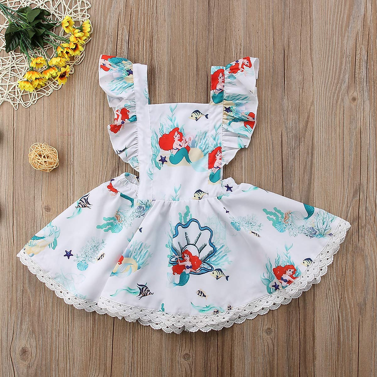 Baby Girls Rompers, Mermaid Sea World Pattern Flower Edge Bodysuit and Solid Basic Style Rompers Outfits Clothes (white dress, 4-5T)
