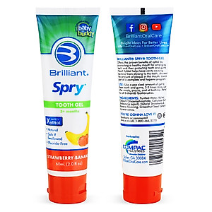 Brilliant Oral Care Kids Fluoride Free Toothpaste, Spry Gel with Xylitol, Strawberry Banana Flavor for Ages 3+ Months, 2 fl oz, 1 Pack