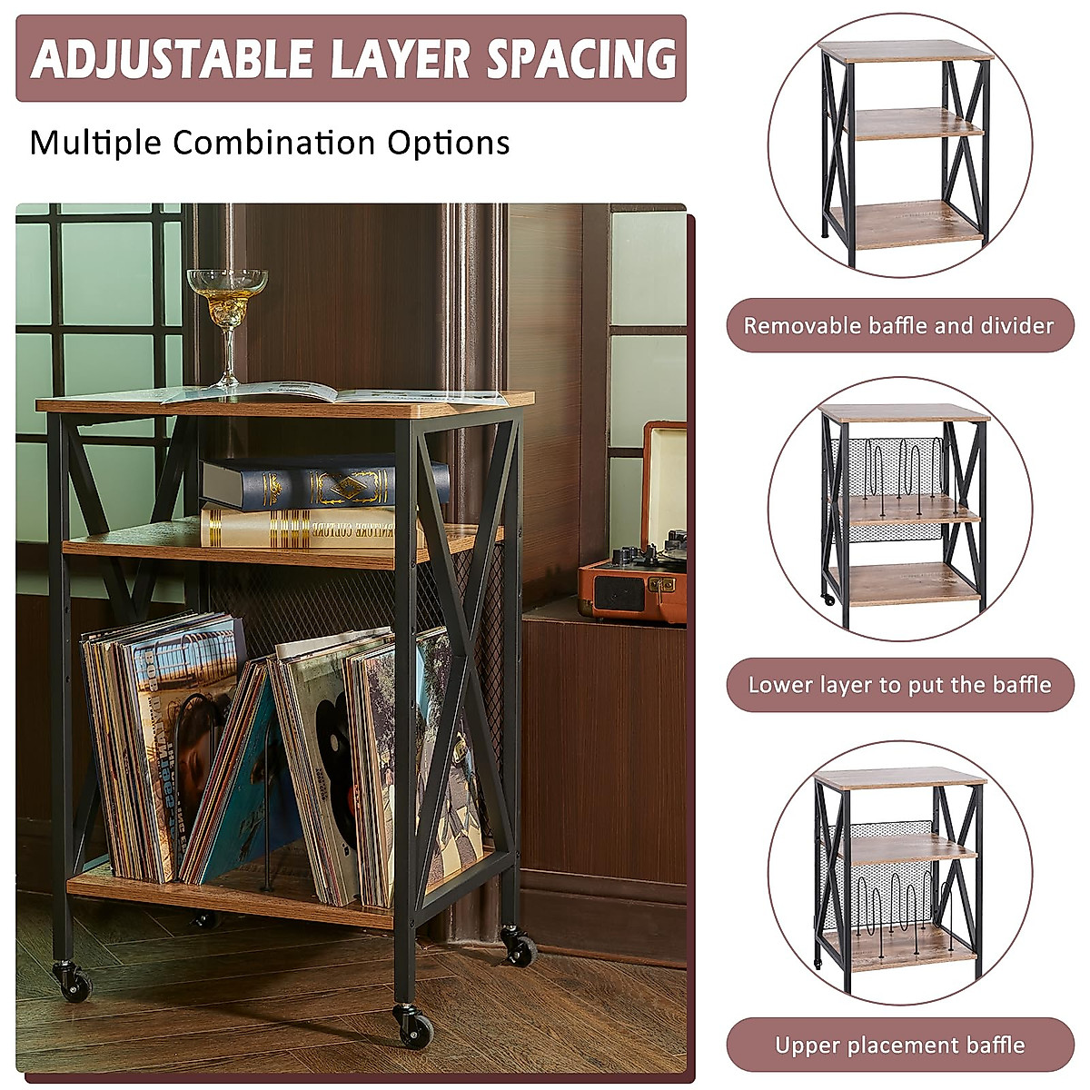 Record Player Stand With Vinyl Storage 3 Tier Rolling Vinyl Record Storage With 3 Adjustable Divinder Record Player Table Turntable Stand Shelf With Wheels Record Holder For Albums