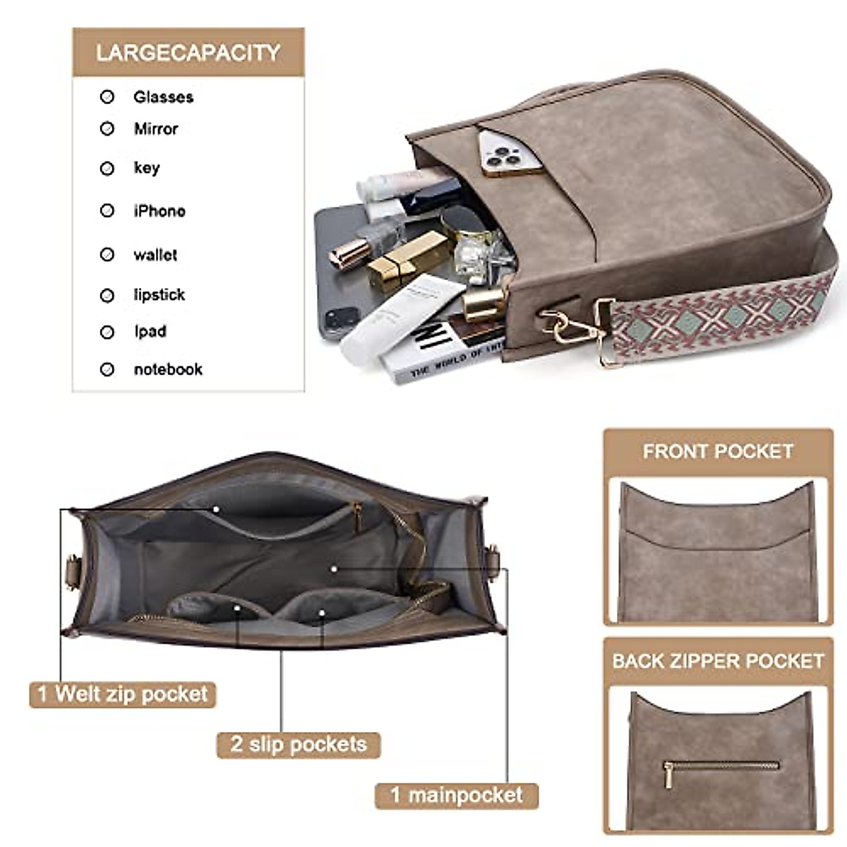 HKCLUF Crossbody Bag for Women,Vegan Leather Hobo Handbags Women Fashion Shoulder Bags Cross-body Bucket Purse with 2PCS Adjustable Guitar Strap(Apricot Pink)