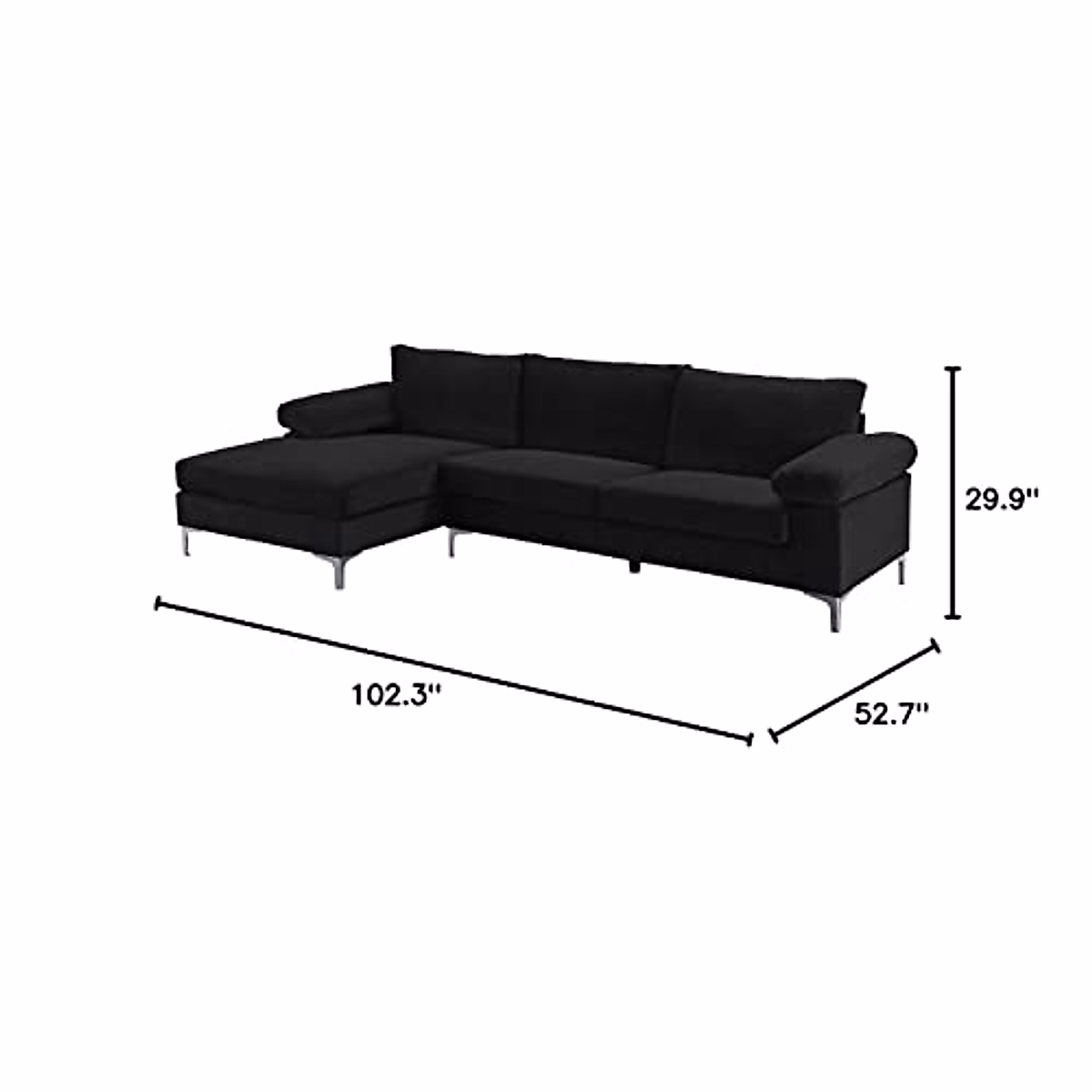 Casa Andrea Milano LLC Modern Large Velvet Fabric Sectional Sofa, L-Shape Couch with Extra Wide Chaise Lounge, Onyx