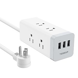 Surge Protector Extension Cord 6 Feet, TESSAN Flat Plug Power Strip with 6 Outlet and 3 USB Ports, 3 Prong Desk Charging Station for Home Office Supplies, Dorm Room Essentials, 13A/1625W, 1050J White