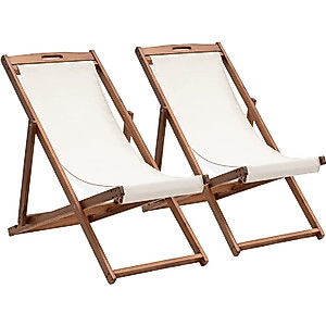 Patio Lounge Chair Outdoor Beach Chair Set of 2, Beach Sling Chair Patio Chairs Set of 2 , Wooden Folding Outdoor Chairs for Outside, 3 Level Height Adjustable, Portable Reclining Beach Chair