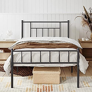 Yaheetech 2 Pcs 13 inch Twin Size Metal Bed Frame with Headboard and Footboard Platform Bed with Storage No Box Spring Needed Mattress Foundation, Black