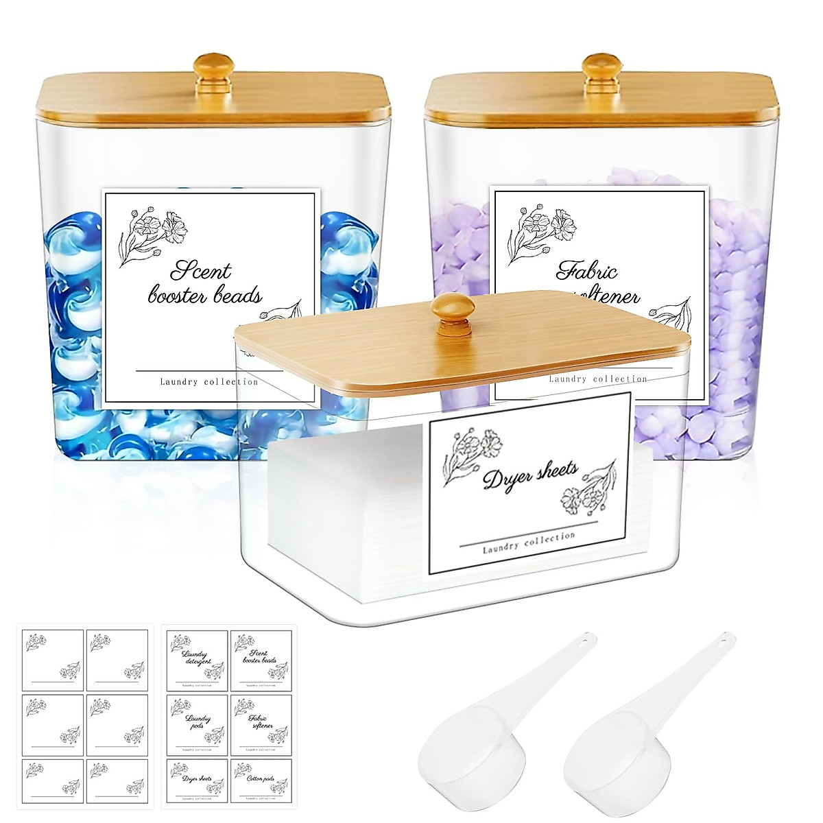Laundry Room Organization Storage Containers: Laundry Pods Container Dryer Sheet Holder Organizing Storage Jars with Bamboo Lids & 2 Scoops & Labels - for Detergent Powder Scent Booster Beads (3pcs)