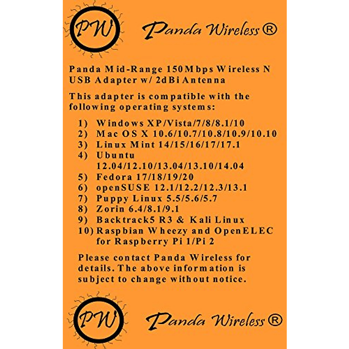 Panda Wireless® Mid Range 150Mbps Wireless N USB Adapter w/ 2dBi Antenna - Win XP/Vista/7/8/10/11, Mint, Ubuntu, MX Linux, Manjaro, Fedora, Centos, Kali Linux and Raspbian