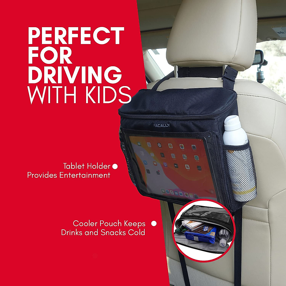 Macally Tablet Holder for Car Back Seat - A Must Have Organizer and Rear Facing Backseat iPad Holder for Kids on Long Drives - Hanger Case Compatible with Any Vehicle Headrest and Tablets up to 10.5”