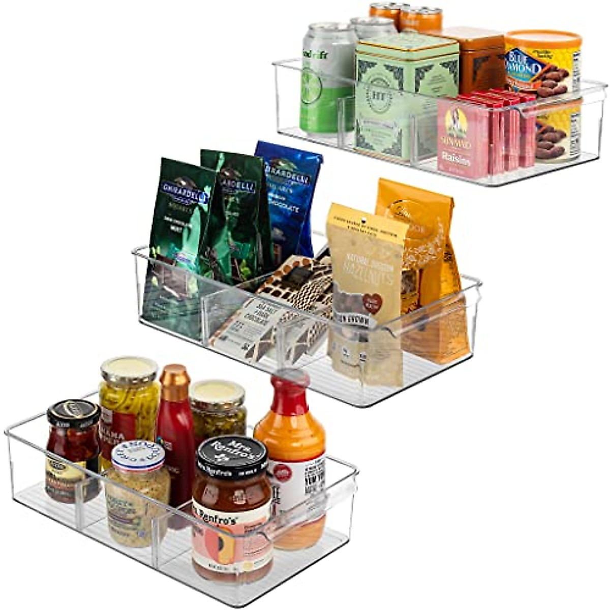 Sorbus 3 Pack Snack Organizer Bins w/Lids & 4 Removable Dividers, Clear Plastic Food Packet Organizer, Multi-Use Stackable Pantry Organization, Kitchen Storage, Fridge Bins, Sturdy Cabinet Organizers