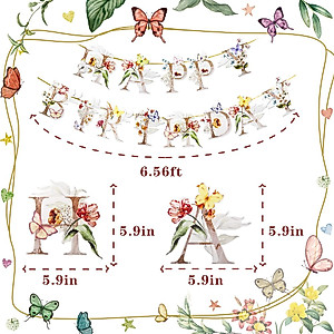 Flower Butterfly Happy Birthday Banner, Boho Groovy Floral and Butterflies Birthday Letters, Wildflower Butterfly Garden Party Decorations for 1st Sweet 16 21st 30th 40th 50th 60th 70th Birthday Party