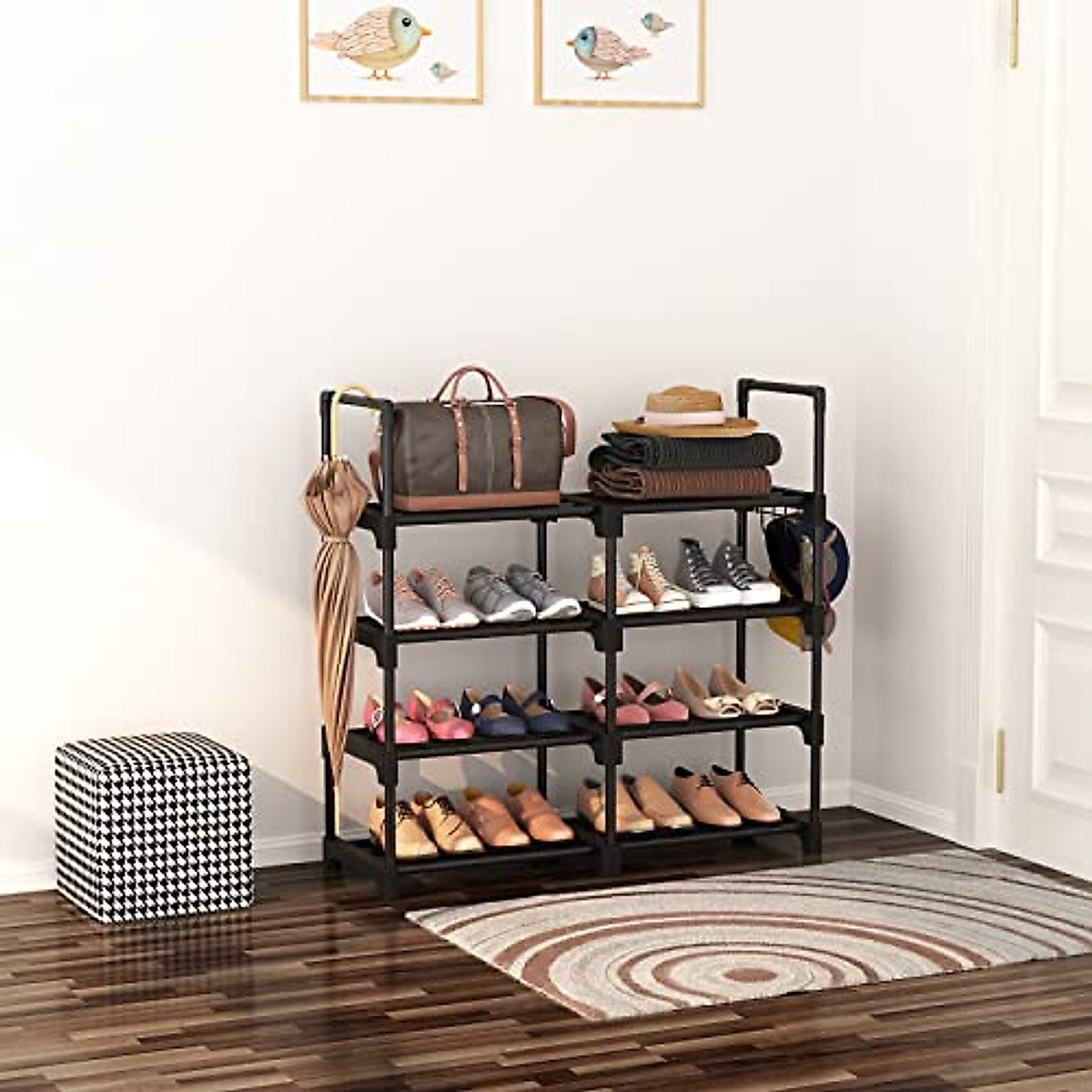 ROJASOP Shoe Rack Storage Organizer for Closet Entryway,16 Pairs 4-Tier Stackable Shoe Shelf for Hallway Bedroom Garage Dorm with Side Hooks Black Free standing Space Saving Shoe Tower