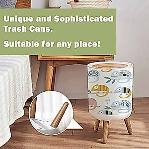Small Trash Can with Lid Baby Seamless Cute Chameleons on White Creative Scandinavian Kids Wood Legs Press Cover Garbage Bin Round Waste Bin Wastebasket for Kitchen Bathroom Office 7L/1.8 Gallon