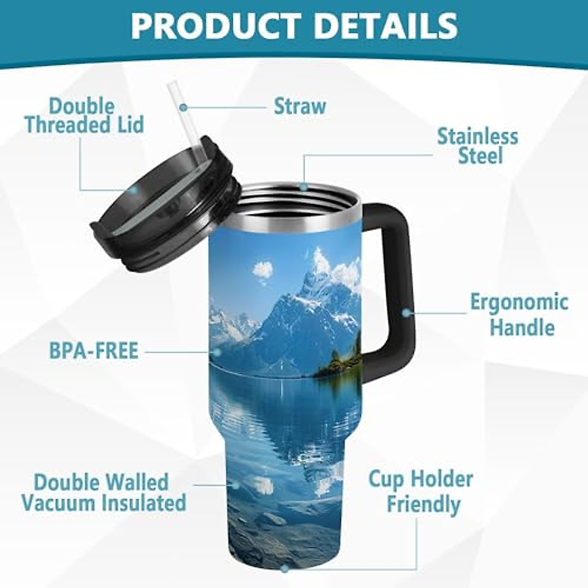 FRCSDIY Snowy Mountains and Lakes Insulated Tumbler with Handle and Straw Lid,30oz Leakproof Stainless Steel Cup BPA-Free Water Bottle