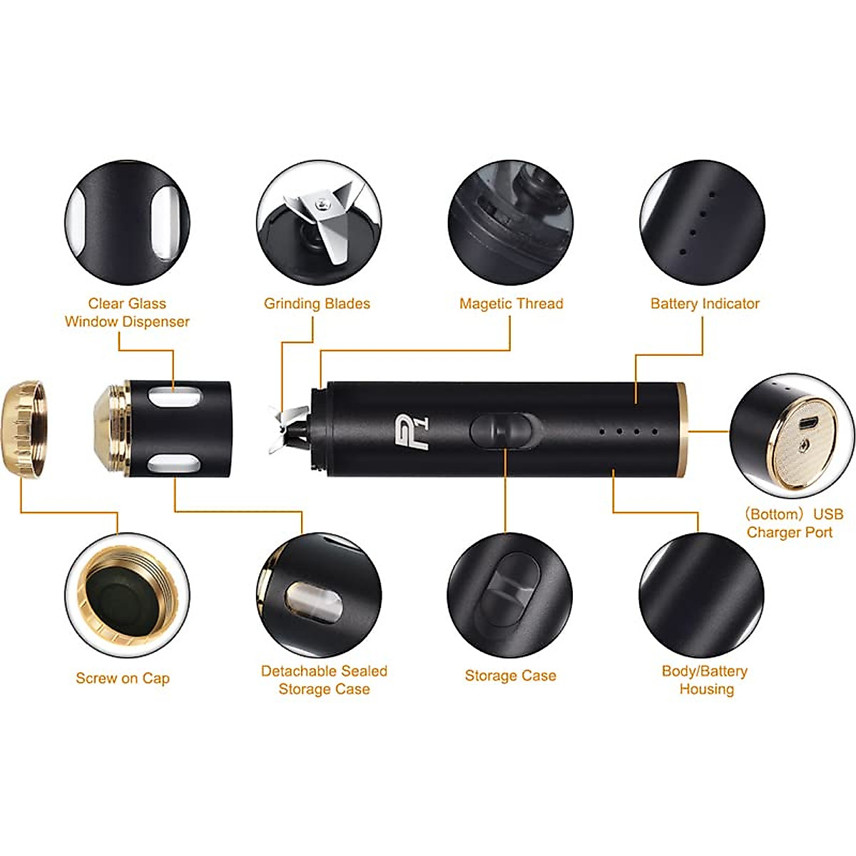 ZHENGHAI P1 Electric Herb and Spice Grinder, USB Rechargeable Fast Grinding With Portable Storage Bag, Cleaning Brush (Black)