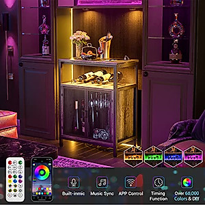Unikito Wine Bar Cabinet with RGB Light and Outlet, FreeStanding Wine Rack Table, Liquor Cabinet with Glass Holder, Floor Bar Cabinet for Liquor and Glasses for Home Kitchen Dining Room, Black Oak