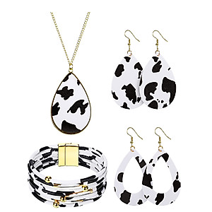 Sureio 4 Pcs Cow Print Jewelry Set Cow Print Accessories for Women Cow Print Earrings Pendant Necklace Black and White Multi Layer Bracelet