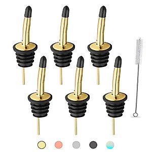 WAFJAMF 6 Pcs Liquor Pour Spouts Set, Stainless Steel Liquor Bottle Pourers with Rubber Dust Caps, for Pours Liquid, Olive Oil, Wine, Vinegar (Gold)