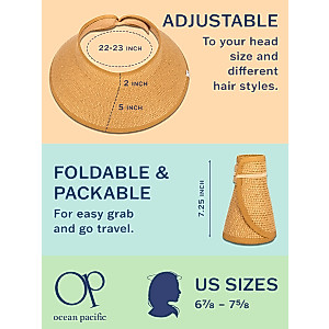 Ocean Pacific Beach Roll Up Straw Sun Hat Visor for Women, Sun Protection UPF 50 (Natural)