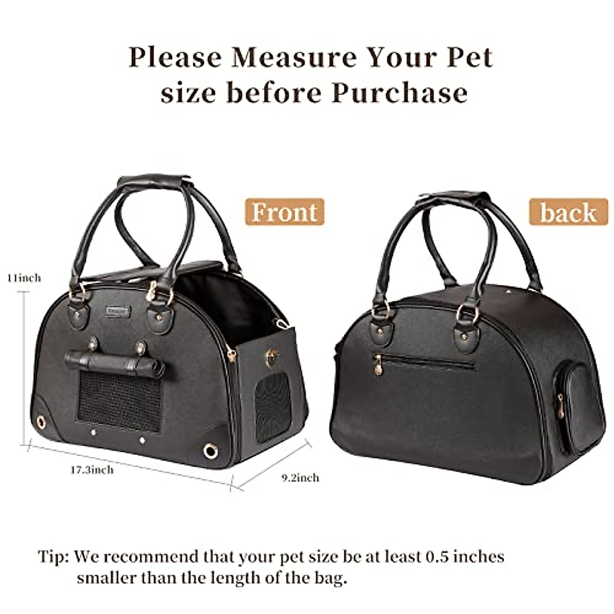 Sasapet Dog Carrier, Pet Carrier, Dog Purse, Foldable Premium PU Leather Cat Carrier, Portable Tote Bag Carrier for Cats and Small Dogs - Black