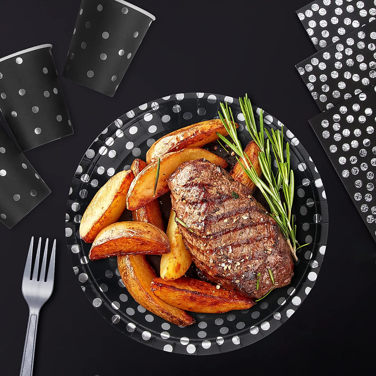 LTplazhi 140PCS Black and Silver Party Supplies - Dinner Plate, Dessert Plate, Napkin, Cup, Forks, Knives, Spoons - Biodegradable