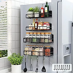 Lunememo Magnetic Spice Rack for Refrigerator - 8 Hooks - 4 Pack Magnetic Shelf Organizer for Fridge, Microwave Oven and Whiteboard - Space Saving Seasoning Rack for Small Kitchen, Black
