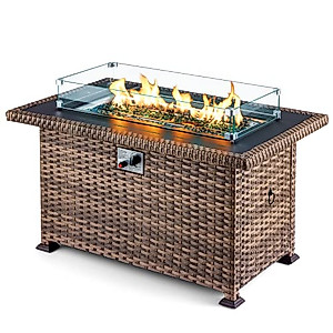 GYUTEI Propane Fire Pit Table 50 Inch Gas Fire Pit Table 50,000 BTU with Glass Wind Guard Auto-Ignition with CSA Certification Waterproof Cover Fire Pit for Outdoor(Light Brown) (Light Brown)