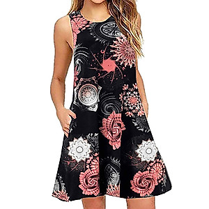 F_Gotal Women Summer Casual Boho Swing T Shirt Dresses Beach Floral Mini Tank Dress Sleeveless Beach Sundress Cocktail Black