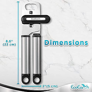 EcoEarth Heavy-Duty Can Opener (Stainless Steel & Black), Manual Easy Grip Handheld Tin Opener, Multipurpose Kitchen Tool, Lid Top Remover, Easy Turn Knob w/Bottle Opener