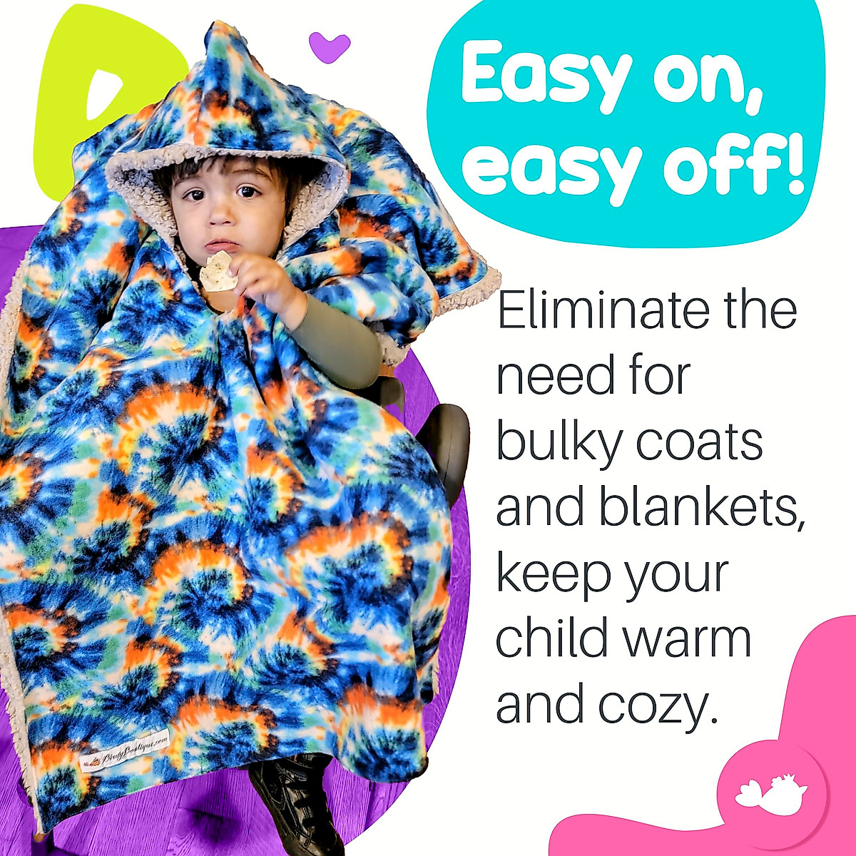 Birdy Boutique Car Seat Poncho for Kids – Safe to Use Over Seat Belts – Reversible Warm and Cozy Blanket – Easy on Easy Off and Doesn’t Impact Car Seat Performance – Tie Dye – One Size