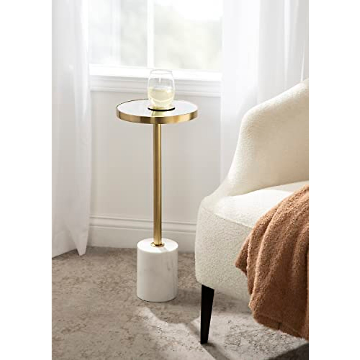 Kate and Laurel Hescott Modern Decorative Round Drink Table with Natural Marble Base and Mirrored Tabletop, 10x10x24, Gold
