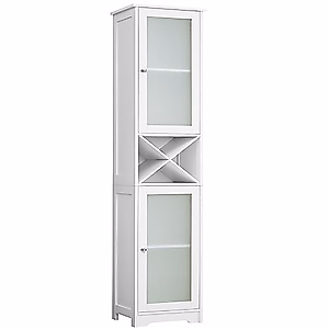 Iwell Tall Bathroom Storage Cabinet with 2 Doors & Adjustable Shelves, Bathroom Floor Cabinet with Removable X-Shaped Stand, Linen Cabinet, Narrow Cabinet for Bathroom, Living Room, White