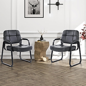 CLATINA Big & Tall Waiting Room Guest Chair with Bonded Leather Padded Arm Rest and Sled Base for Office Reception Lobby and Conference Desk, Black(2 Pack)