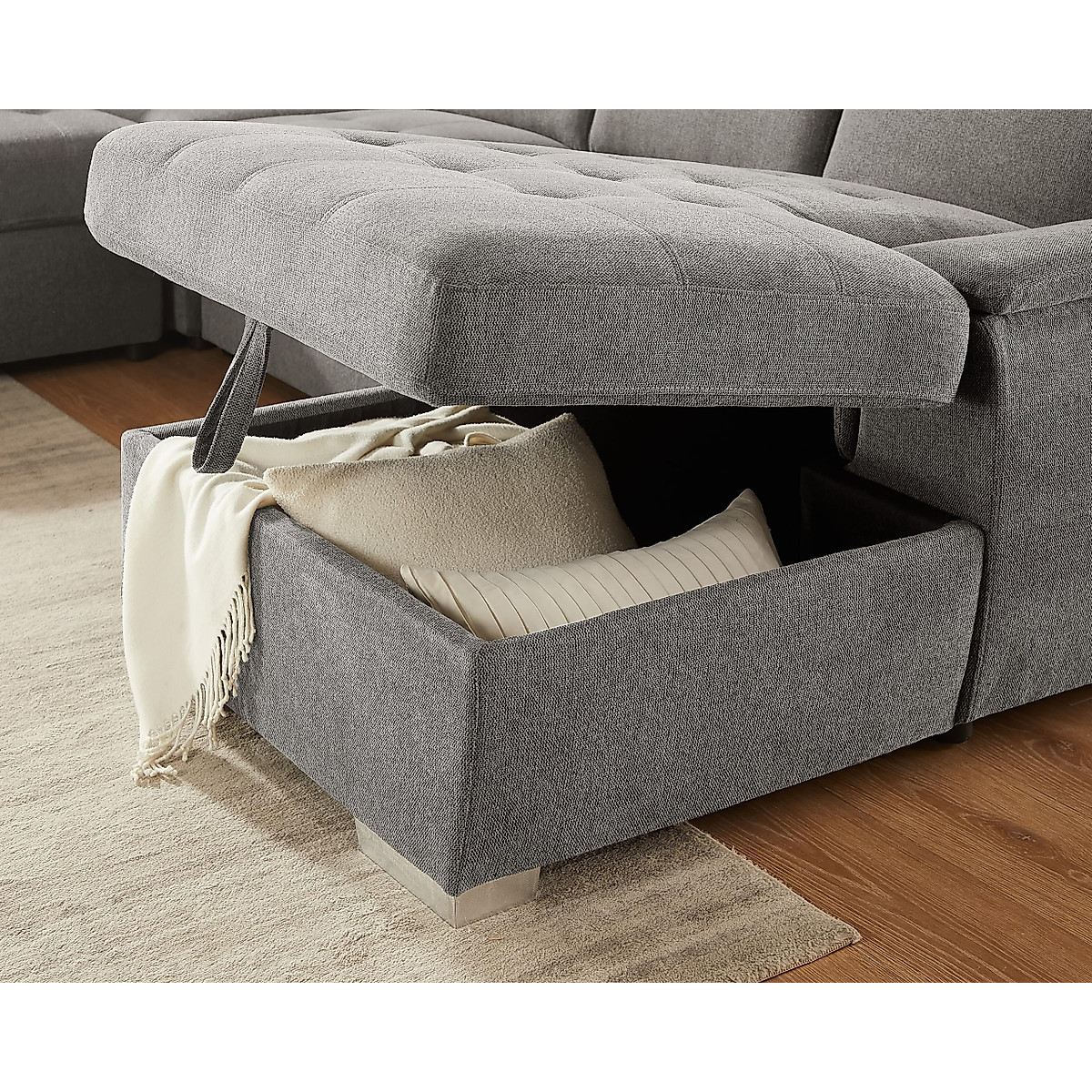 THSUPER 125'' U Shaped Sectional Sleeper Sofa with Pull Out Bed, Storage Chaise Lounge, and Adjustable Headrest, Oversized Sectional Couches for Living Room - Belfast Light Grey