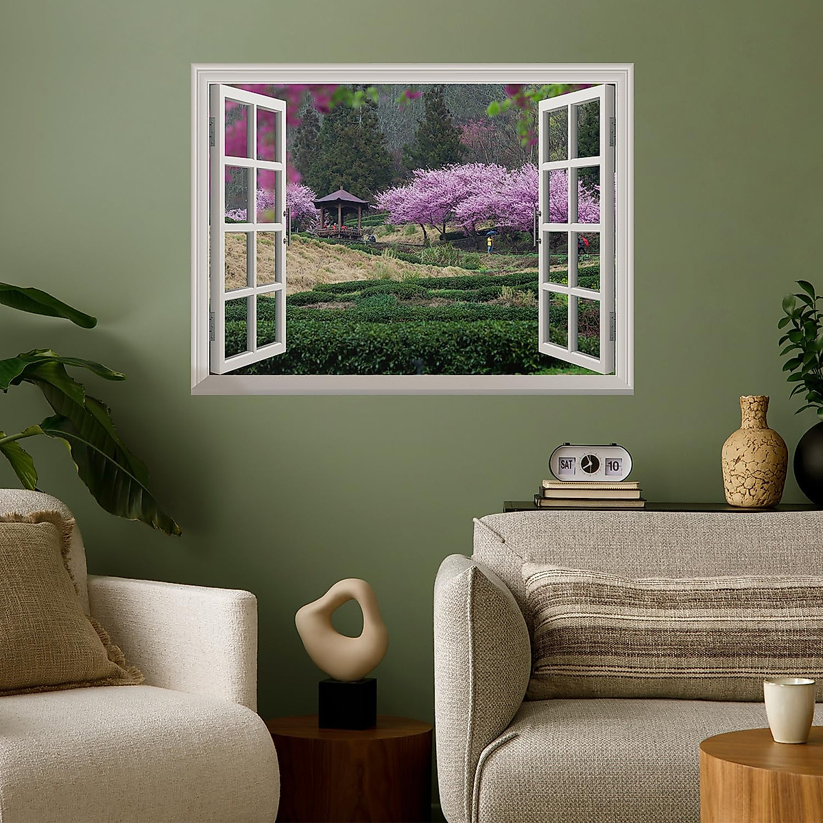 wall26 Modern White Window Looking Out Into a Japanese Garden with Cherry Blossom Trees and a Kiosk - Wall Mural, Removable Sticker, Home Decor - 36x48 inches