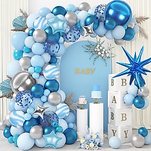 150Pcs Blue Balloon Arch Garland Kit, Boy Baby Shower Decorations Light Pastel Baby Blue Balloons 4D Star Confetti Balloon for Bridal Shower Gender Reveal Elephant Birthday Graduation Party Supplies