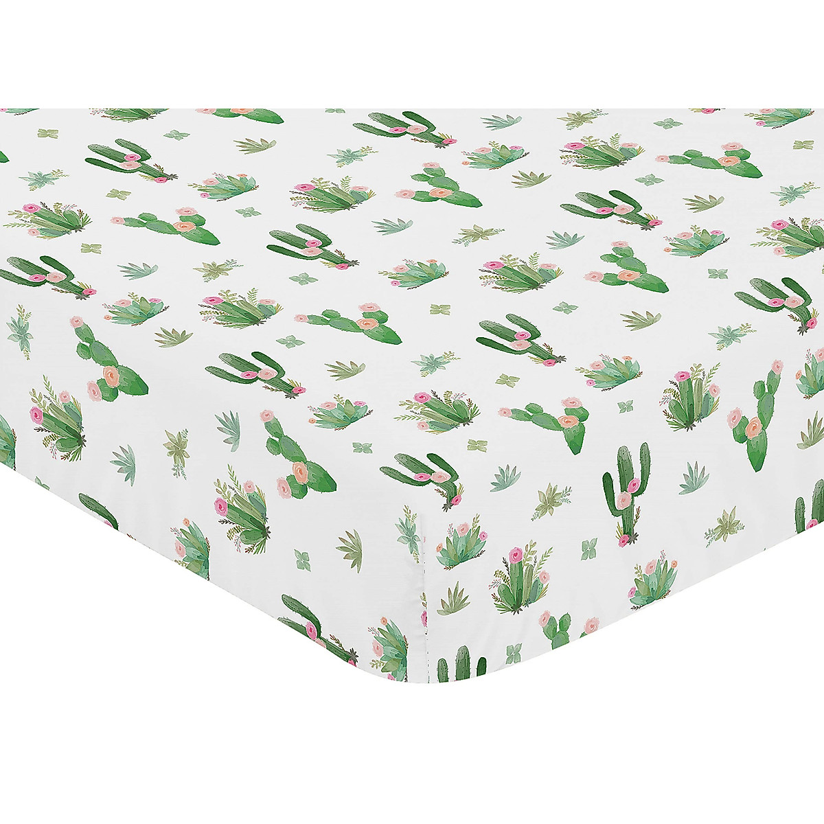 Sweet Jojo Designs Cactus Floral Girl Jersey Stretch Knit Baby Fitted Crib Sheet for Soft Toddler Bed Nursery - Pink and Green Boho Watercolor Desert