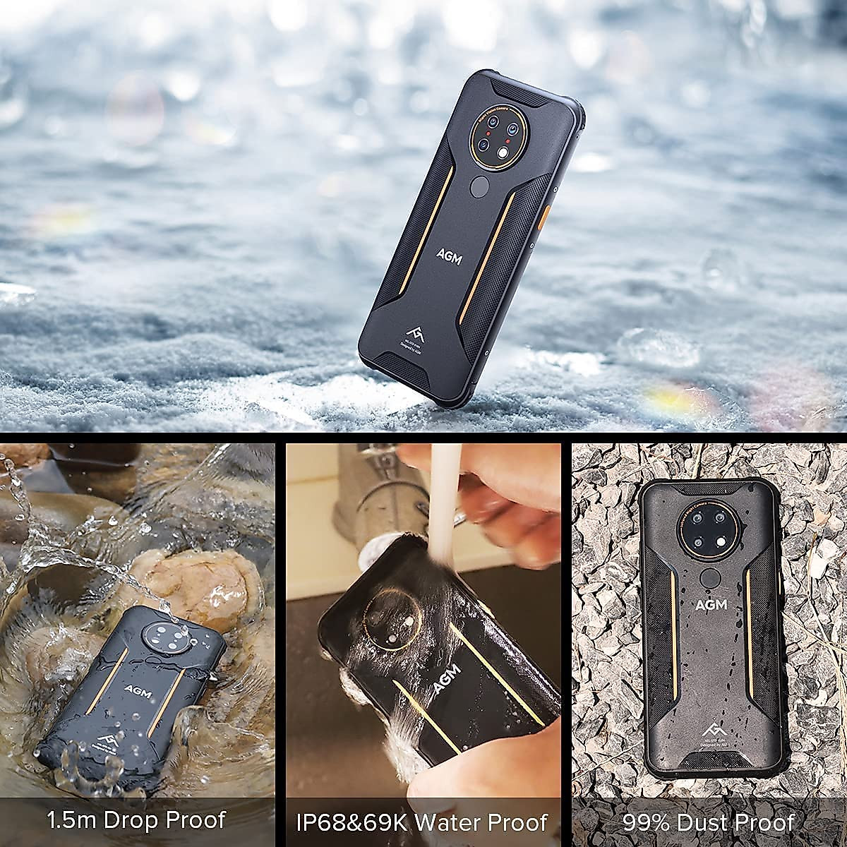 AGM H3 Rugged Smartphone, Rugged Phone Unlocked Android 11 4G LTE, 13MP Infrared Night Quad Camera, IP68/IP69K Waterproof, 5.7" HD+ Screen 4GB+64GB, 5400mAh Battery, 2W Loud Speaker/PTT/GPS/NFC Black