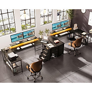 ODK U Shaped Desk with Power Outlets & LED Strip & Monitor Stand, 66" Reversible L Shaped Desk with Drawers and Storage Shelf, Home Office Gaming Desk, Black