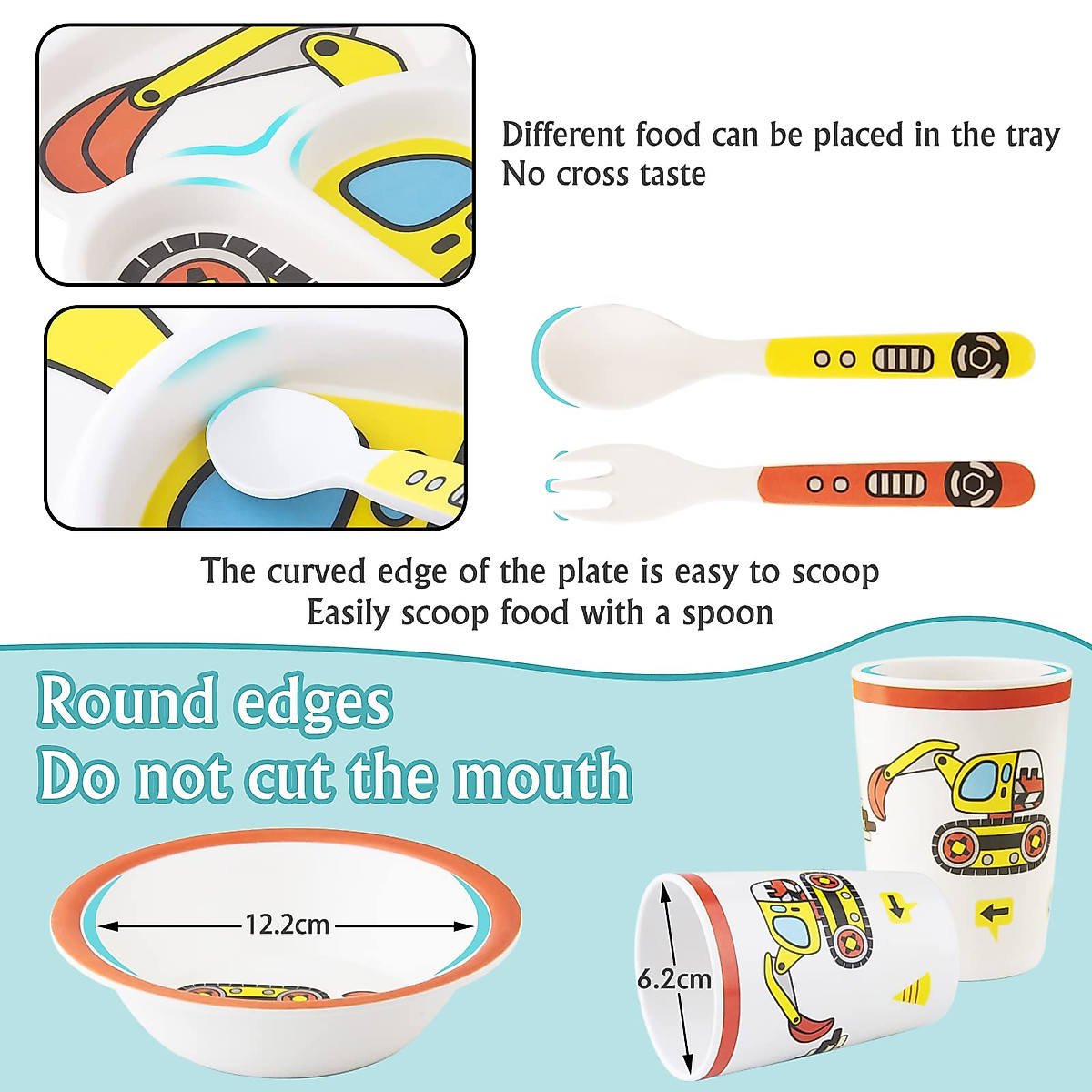 Kids Tableware Set, Included Plate Bowl Cup Fork and Spoon 5-Piece Set - Toddler Plates Dinnerware Dinner Dish Set Baby Feeding Divided Plate - Child Portion Control Bamboo Eco-Friendly