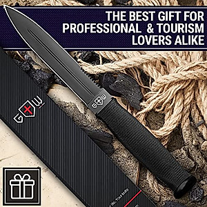 Knife for Men with Sheath - Black Tactical Knives - Cool Hunting Knofe Fixed Blade Knife with Serrated Blade - Best EDC Survival Camping Hiking Military Tool Sharp Belt Boot Knives Gift for Men 2503