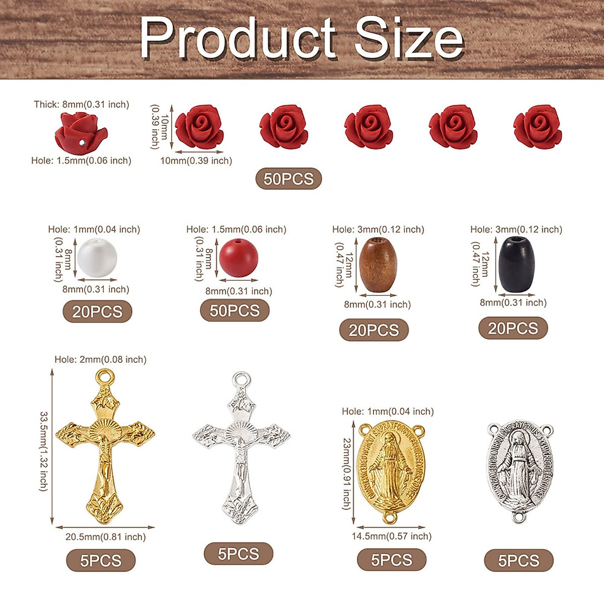 Mega Pet 180Pcs Catholic Rosary Jewelry Making Kits 3D Rose Cinnabar Beads with Barrel Wood Beads Round Glass Pearl Beads Crucifix Cross Pendants Rosary Beads for DIY Necklace Bracelet Jewelry Making