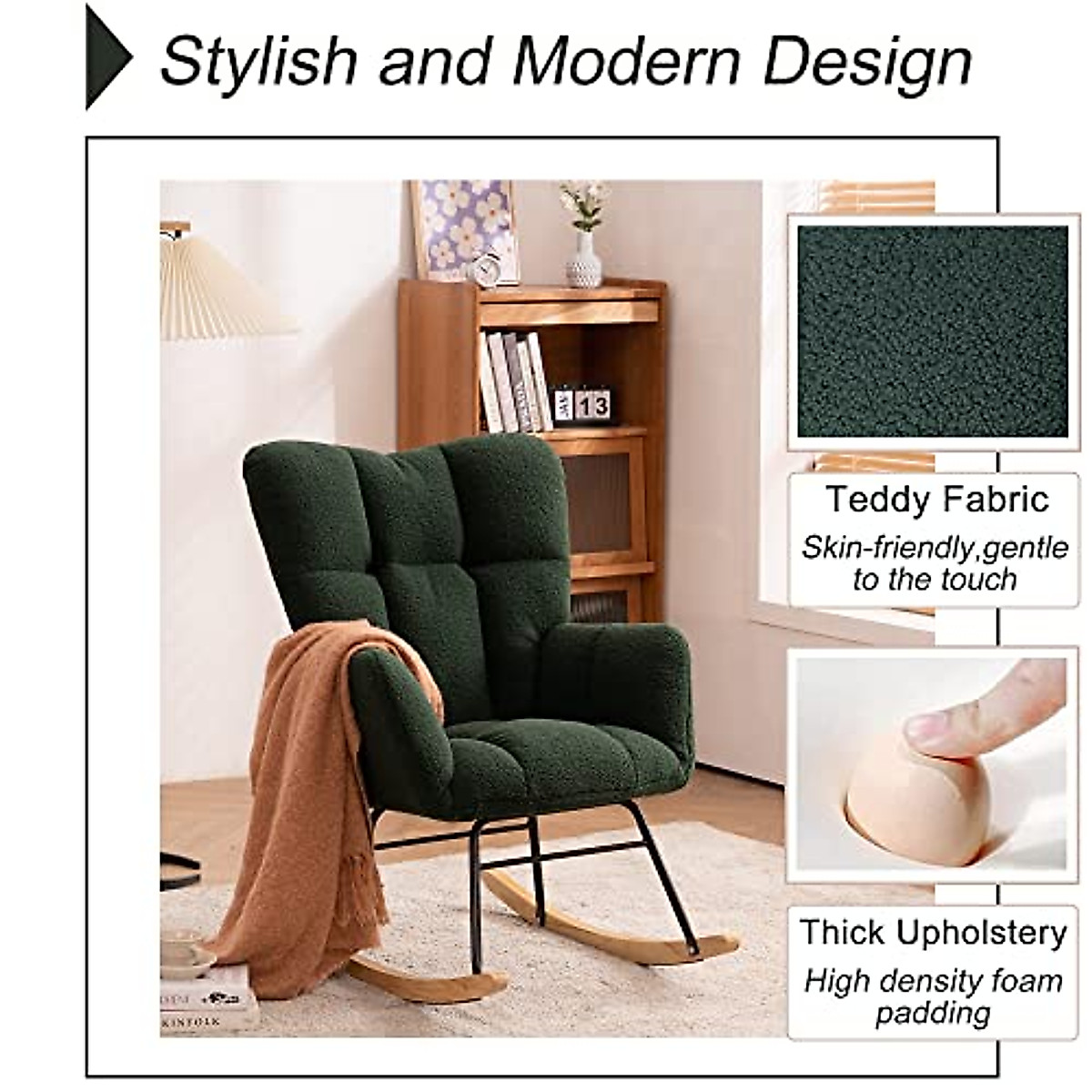 Krinana Teddy Fabric Nursery Rocking Chair, Rocker Armchair with Solid Wood Legs, Glider Chair Nursery with High Backrest for Living Room Apartment (Teddy Fabric,Green)