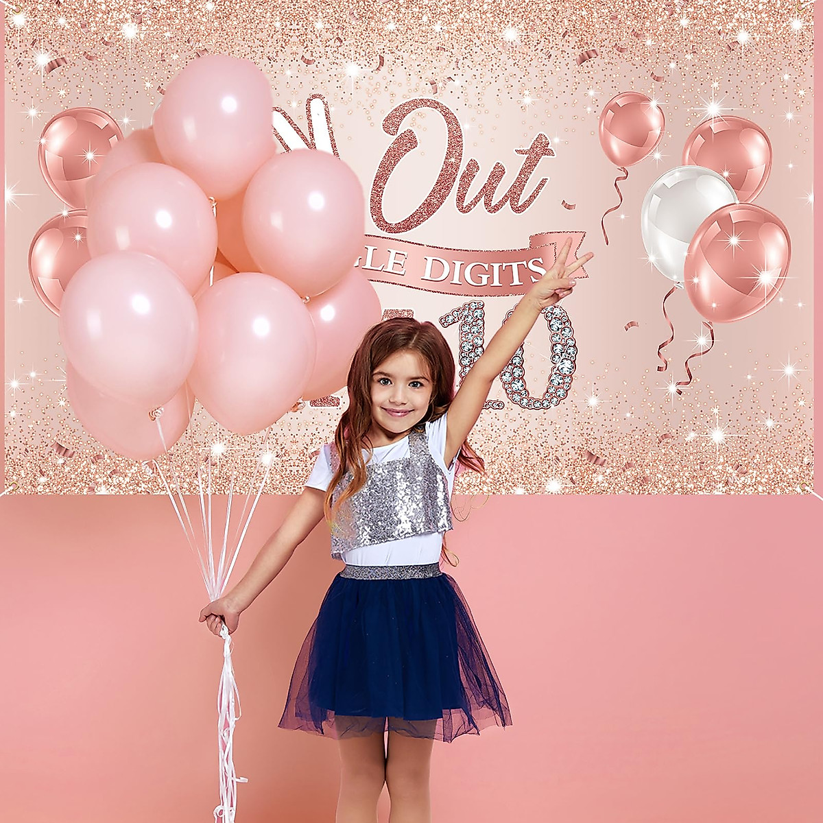 Holkcog Rose Gold Happy 10th Birthday Party Banner Backdrop for 10-Year-Old Girls Double Digits Birthday Girl "I'm 10" Bday Banner Rose Gold 10th Birthday Photo Background 10th Party Decorations supply