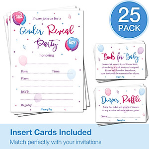 Set of 25 Gender Reveal Party Invitations with Envelopes, Diaper Raffle Tickets and Baby Shower Book Request Cards