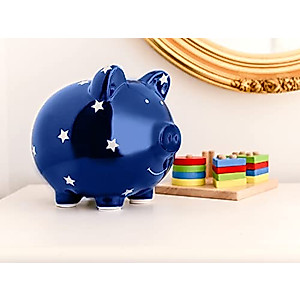 Pearhead Ceramic Piggy Bank, Baby Money Bank Keepsake, Modern Gender-Neutral Nursery Décor, Gift for Baby Girl Or Baby Boy, Blue with White Stars