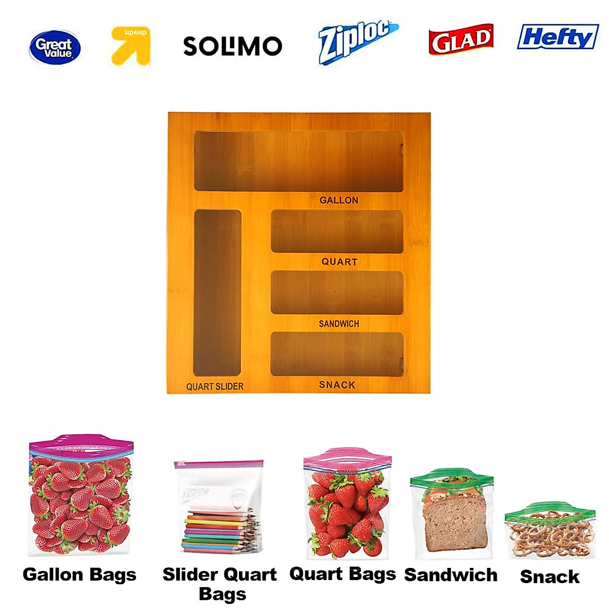 Storm Elf Ziplock Bag Storage Organizer for Kitchen Drawer Compatible with Ziploc, Solimo, Glad, Hefty for Gallon, Quart, Sandwich and Snack Variety Size Bag (1 Box 5 Slots)