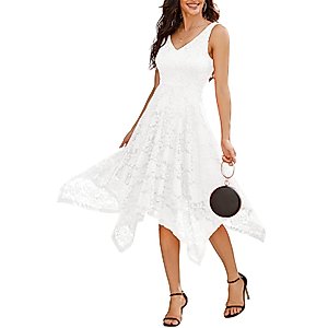 Meetjen Women's Vintage V Neck Dress Handkerchief Hem Asymmetrical Cocktail Formal A-Line Dresses White XL